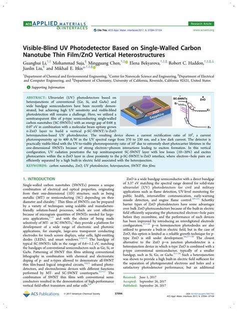 Pdf Visible Blind Uv Photodetector Based On Single Walled Publications