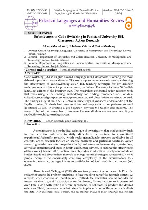 Pdf Effectiveness Of Code Switching In Pakistani University Esl Classroom Action Research