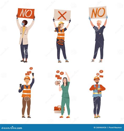 Protesting Working Class People With Placards Set Protesters On