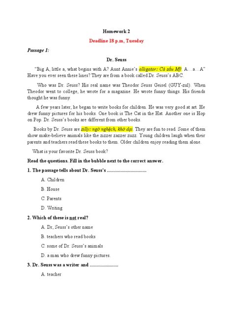 Passage 1 Homework 2 Download Free Pdf Dr Seuss Foods
