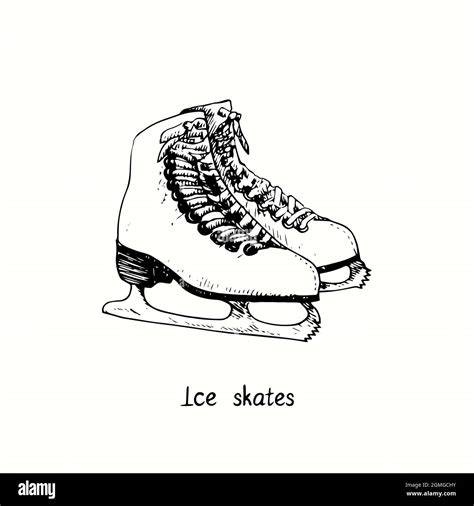 Ice Skates Ink Black And White Doodle Drawing In Woodcut Style Stock