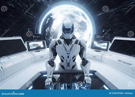 Robot Cyborg In A Control Room Flying A White Modern Spaceship With Window View On Spac Stock