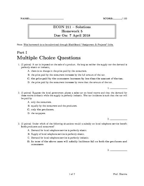 Bb Homework 5 Solutions Name Score 100 Econ 211 Solutions Homework 5 Due On 7 April
