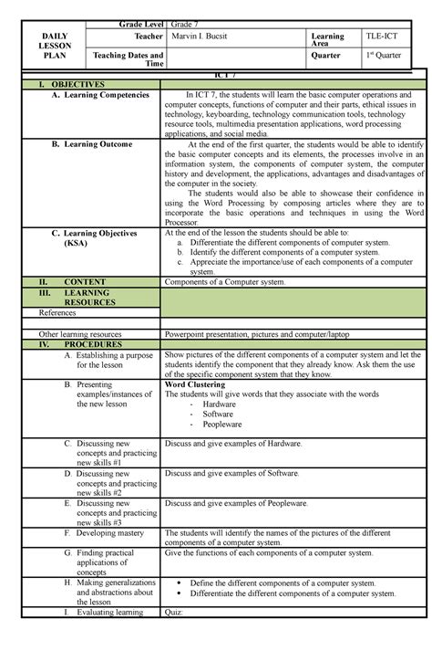 Dll Ict Ict Daily Lesson Plan Grade Level Grade 7 Teacher Marvin I Bucsit Learning Area Tle