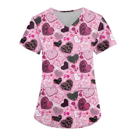 Qcmgmg Scrub Top Women Plus Size Medical V Neck Nurse Love Heart Print
