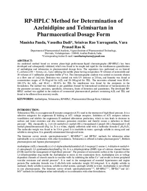 Doc Rp Hplc Method For Determination Of Azelnidipine And Telmisartan