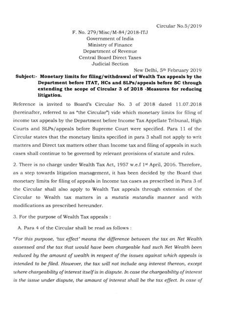 Monetary Limits For Filingwithdrawal Of Wealth Tax Appeals By The