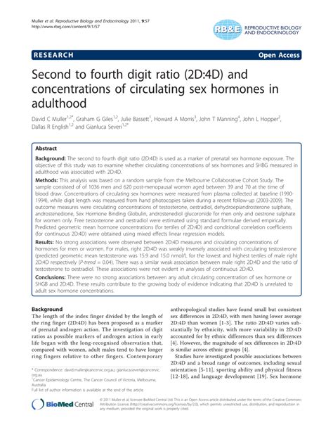 PDF Second To Fourth Digit Ratio 2D 4D And Concentrations Of Circulating Sex Hormones In