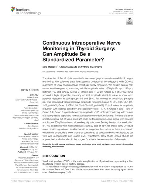 Pdf Continuous Intraoperative Nerve Monitoring In Thyroid Surgery