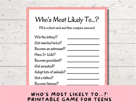 Printable Whos Most Likely To Game Sleepover Party Game For Teenage