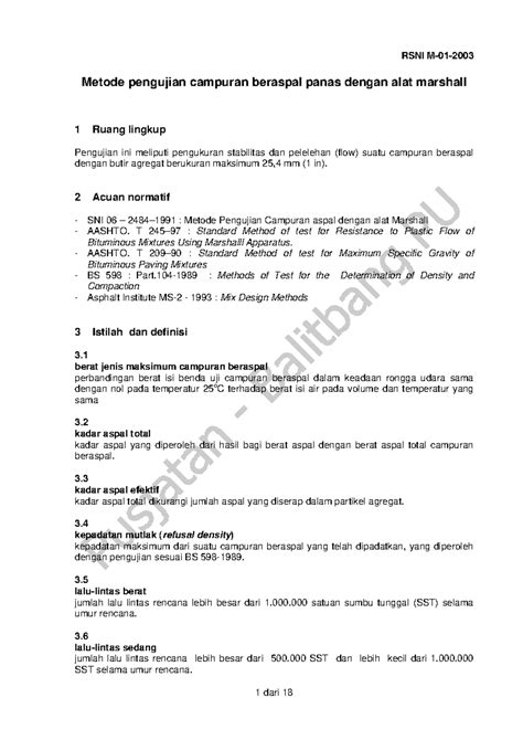 Metode Pengujian Campuran Beraspal Panas Dengan Alat Marshall 1 2 Acuan Normatif Sni 06