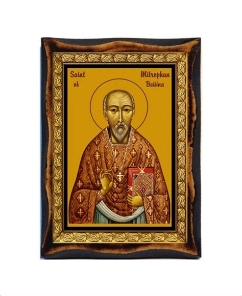 Saint Mitrophan Yang Holy Card Icon On Handmade Wooden Plaque