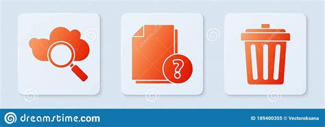 Set Unknown Document Search Cloud Computing And Trash Can White Square Button Stock Vector