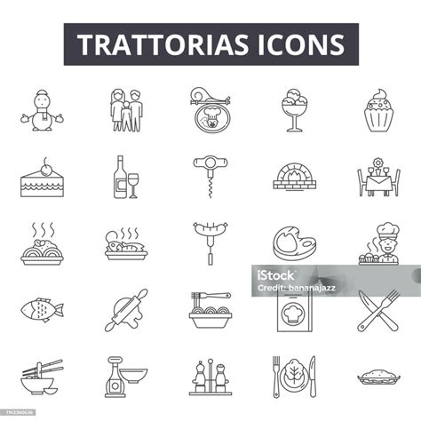 梯形線圖示 符號集 向量trattorias 概述概念 插圖 食物 午餐 餐廳 餐廳 功能表 咖啡館 比薩餅店 吃向量圖形及更多一個物體圖片