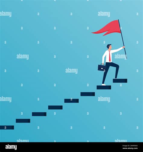 Successful Businessman Hold Red Flag On The Top Of Ladder Success
