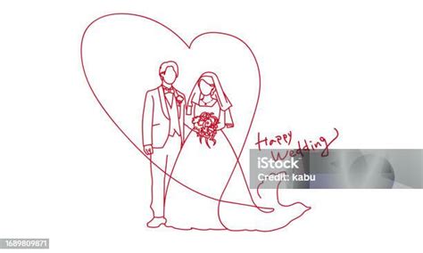 Simple Line Drawing Of Bride And Groom向量圖形及更多心型圖片 心型 新娘 新郎 人的角色