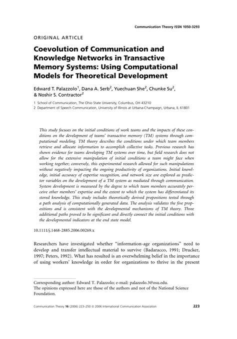 Pdf Coevolution Of Communication And Knowledge Networks In Transactive Memory Systems Using