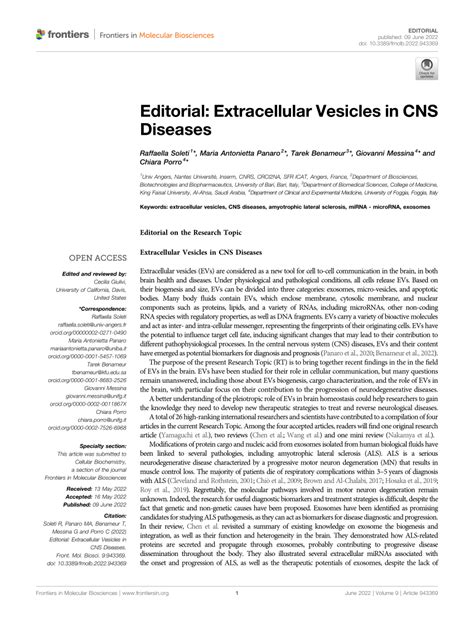 Pdf Editorial Extracellular Vesicles In Cns Diseases