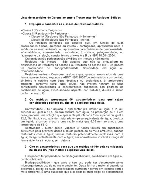 Lista De Exercícios De Resíduos Sólidos Pdf Desperdício Sólido