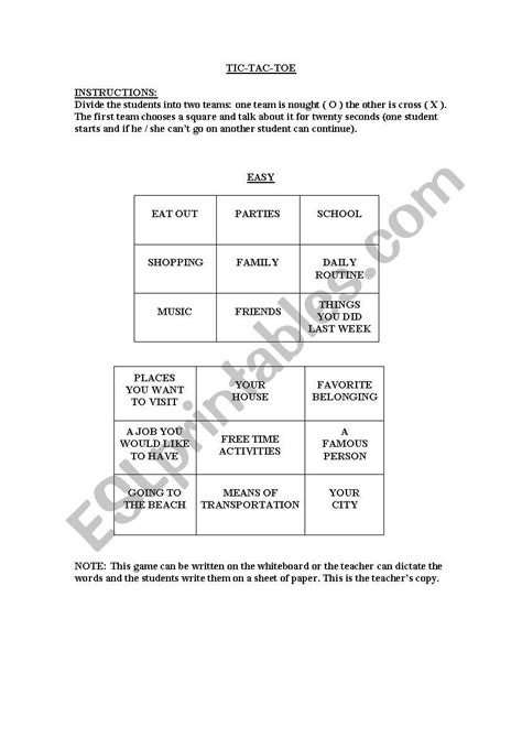 Tic Tac Toe ESL Worksheet By Pauladco
