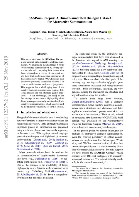 Pdf Samsum Corpus A Human Annotated Dialogue Dataset For Abstractive