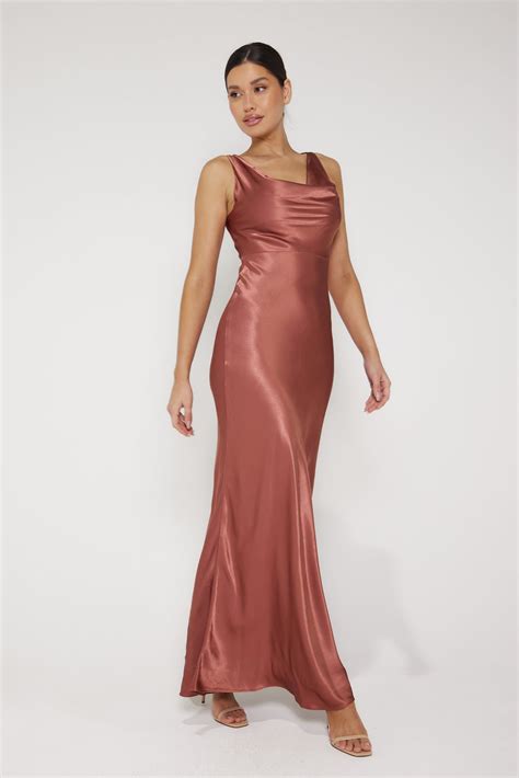 Rebecca Cowl Neck Slip Maxi Dress Cinnamon Liena Uk