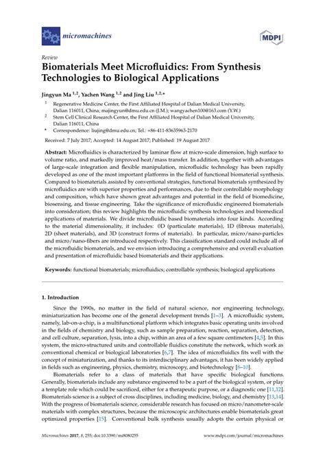 Pdf Biomaterials Meet Microfluidics From Synthesis Technologies To Biological Applications