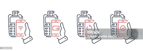 스마트 폰 Nfc 기술 은행 Pos 처리 라인 아이콘 터미널 픽토그램 세트에 대한 지불 과정 현금 없는 결제 거래 개요 아이콘을