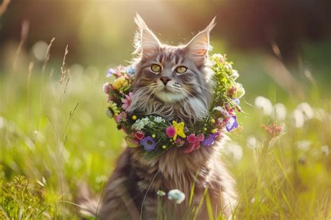 Premium Photo Maine Coon Cat With Vibrant Flower Collar In A