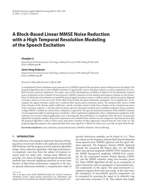 A Block Based Linear Mmse Noise Reduction With A H Pdf Pdf Spectral Density Covariance Matrix