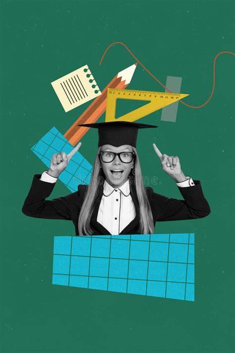 Vertical Poster Collage Young Girl School Education Class Bachelors Hat Degree Ruler Maths