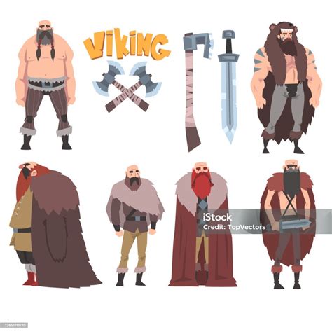 강력한 근육 바이킹 컬렉션 무기 벡터 일러스트와 전통적인 옷을 입고 남성과 여성 스칸디나비아 전사 캐릭터 곰에 대한 스톡 벡터 아트 및 기타 이미지 Istock