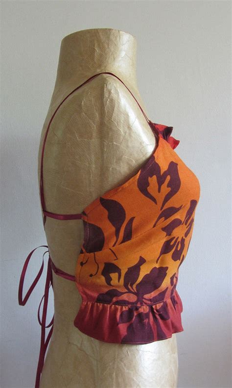 Backless Strappy Top Sexy Crop Top Red Orange Brown Hawaii Print