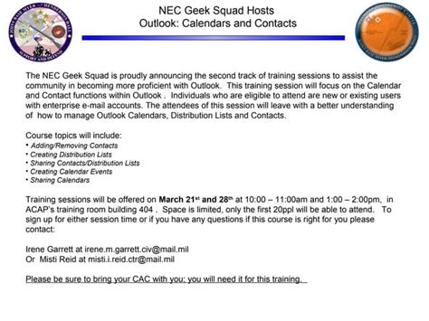 Nec Geek Squad Training Session Outlook Calendars And Contacts Ppt