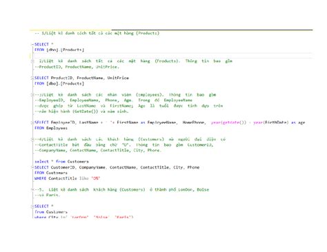CSDL TH Giải bài tập csdl Liet kê danh sách tat cà các mat hang Products SELECT FROM