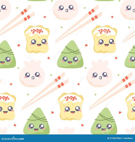 Dim Sum Seamless Pattern Cute Kawaii Dumplings With Chopsticks Stock