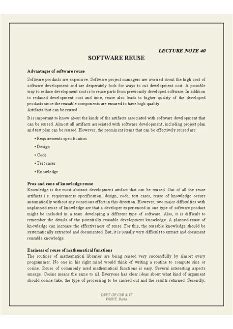 Reuse Approaches In Software Development Lecture Notes Cse It Dept Of Cse And It Lecture