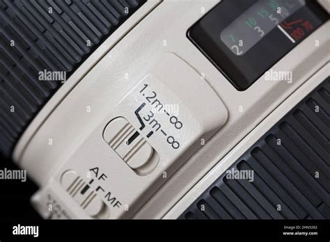 Fragment Of A Lens With Focus Mode Switches Distance Limiter And