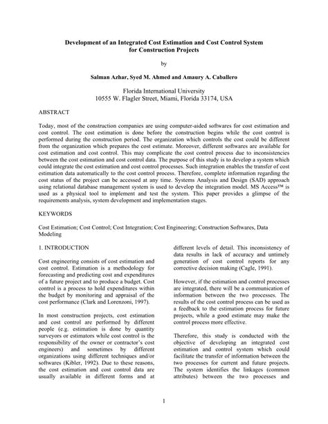 Pdf Abstract Development Of An Integrated Cost Estimation And Cost Control System For