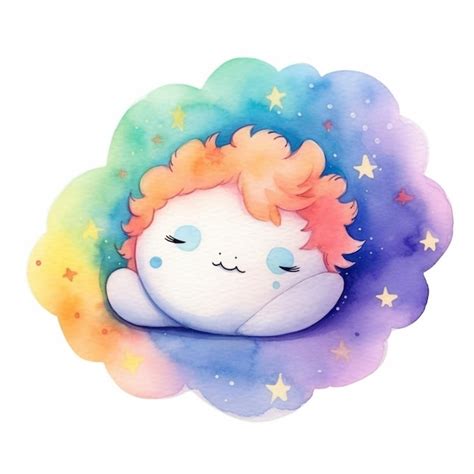 Ilustração em aquarela de um menino dormindo em uma nuvem as
