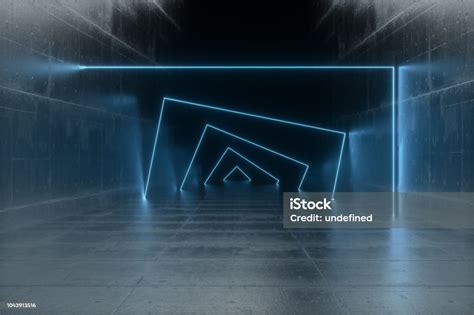 미래의 공상 과학 추상 블루 네온 빛 모양 검은 배경과 텍스트 3d 렌더링 그림에 대 한 빈 공간을 가진 반사 콘크리트에 0명에