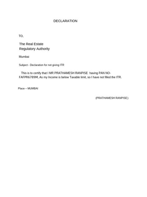 Declaration For Not Submiting Itr Pdf Declaration For Not Submiting Itr Pdf