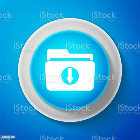 파란색 배경에 고립 된 화이트 다운로드 받은 편지함 아이콘 화이트 라인 블루 원형 버튼입니다 벡터 일러스트 레이 션 3차원 형태에 대한 스톡 벡터 아트 및 기타 이미지