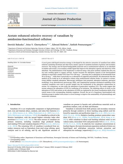 Pdf Acetate Enhanced Selective Recovery Of Vanadium By Amidoxime