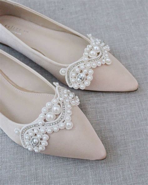 Champagne Satin Pointy Toe Flats With Pearls Applique Fall Wedding