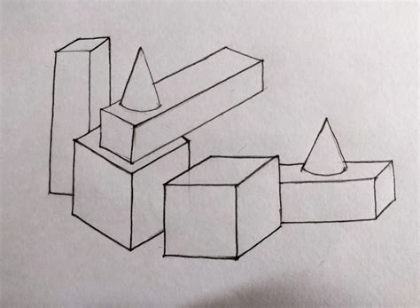 Sketch A Composition Of Three Cuboids Two Cubes And 2 Tiny Cones At Top