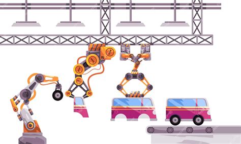 자동차 조립 라인 로은 자동화 된 제조 생산 과정에서 차량을 조립합니다 프리미엄 벡터