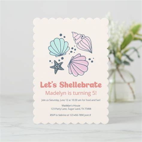 A Birthday Party Card With Shells And Starfishs On The Front In Pastel