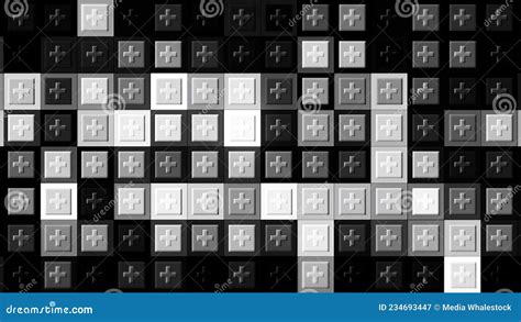 Abstract Rows Of Blinking Monochrome Squares With A Plus Icon On A Black Background Seamless