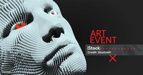 아트 이벤트 초대 템플릿입니다 추상 디지털 인간의 머리 미래 지향적 인 배경 광고 마케팅 또는 프리젠 테이션을위한 벡터 일러스트레이션 3차원 형태에 대한 스톡 벡터 아트 및